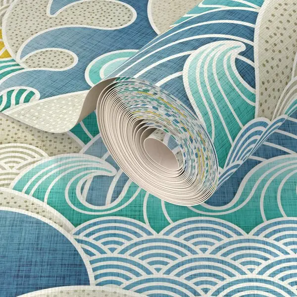 Spoonflower Sun And Sea Summer Day Large Beach Waves 100% Natural Sisal Grasscloth Wallcovering - Blue