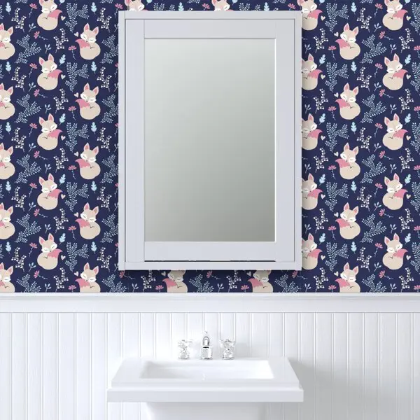 Spoonflower Fox Navy Foxes Floral Blue Nature Custom Pre-pasted Wallpaper - Gray,blue