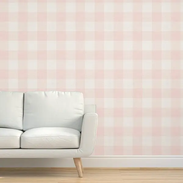 Spoonflower Gingham 4 Inch: Large Scale Pink Check Buffalo 100% Natural Sisal Grasscloth Wallcovering - White,pink