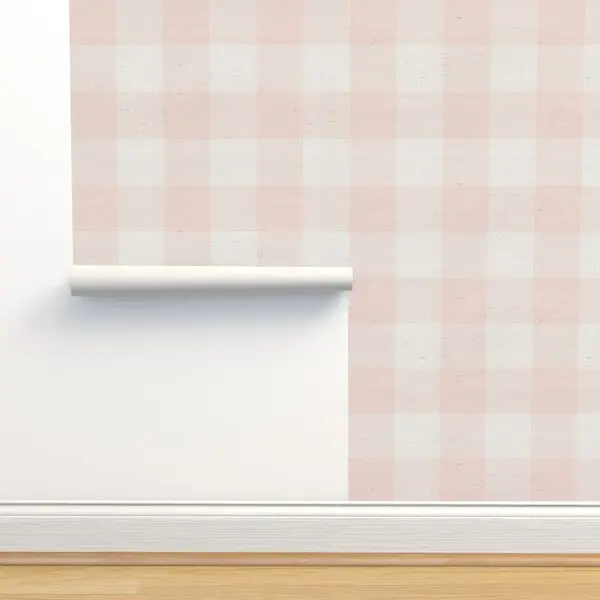 Spoonflower Gingham 4 Inch: Large Scale Pink Check Buffalo 100% Natural Sisal Grasscloth Wallcovering - White,pink