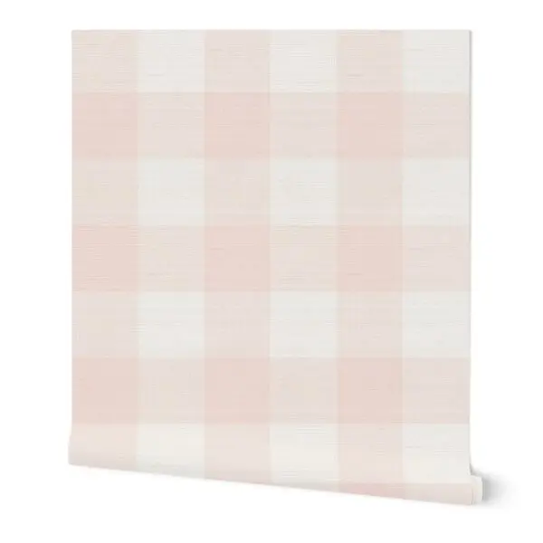 Spoonflower Gingham 4 Inch: Large Scale Pink Check Buffalo 100% Natural Sisal Grasscloth Wallcovering - White,pink