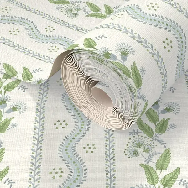 Spoonflower Emma Stripe Soft Blue And Greens On White 100% Natural Sisal Grasscloth Wallcovering - Green