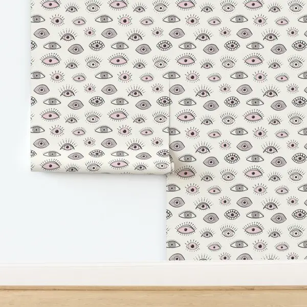 Spoonflower Eye Eyes Pink Magical Lucky Charm Symbol Custom Pre-pasted Wallpaper - Pink,gray