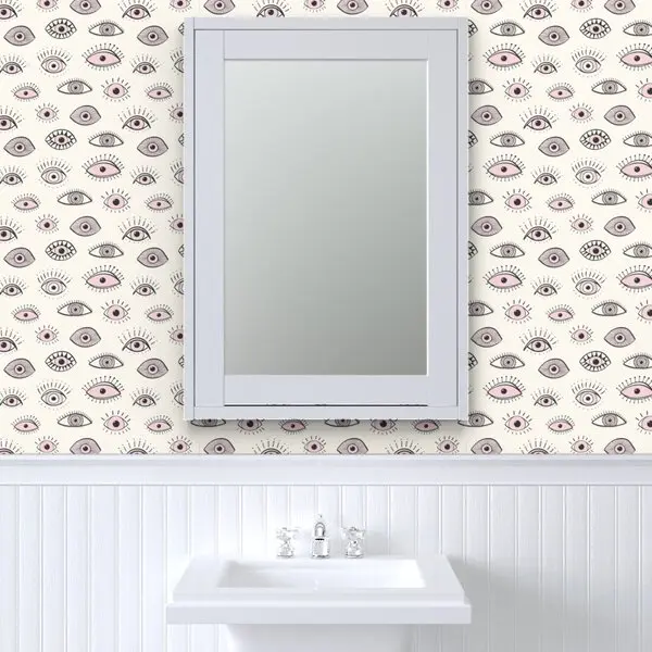 Spoonflower Eye Eyes Pink Magical Lucky Charm Symbol Custom Pre-pasted Wallpaper - Pink,gray