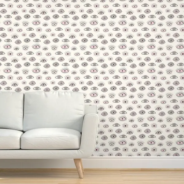 Spoonflower Eye Eyes Pink Magical Lucky Charm Symbol Custom Pre-pasted Wallpaper - Pink,gray