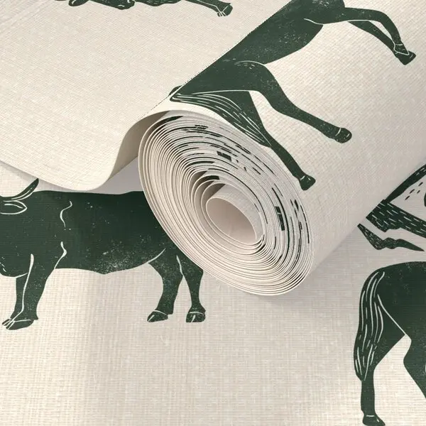 Spoonflower Home On The Range Textured Block Cow Horse Chicken 100% Natural Sisal Grasscloth Wallcovering - White,green