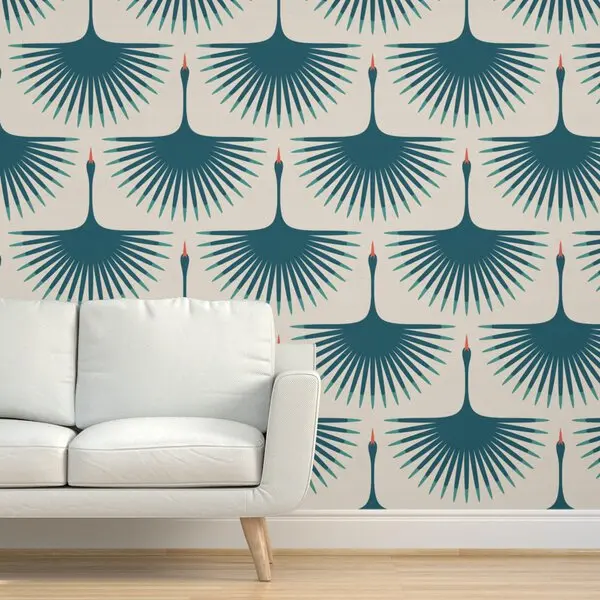 Spoonflower Swans Teal On Warm 100% Natural Sisal Grasscloth Wallcovering - Teal,blue