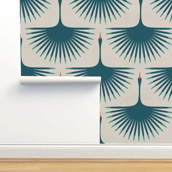 Spoonflower Swans Teal On Warm 100% Natural Sisal Grasscloth Wallcovering - Teal,blue