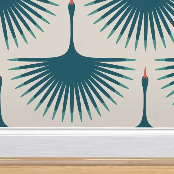 Spoonflower Swans Teal On Warm 100% Natural Sisal Grasscloth Wallcovering - Teal,blue