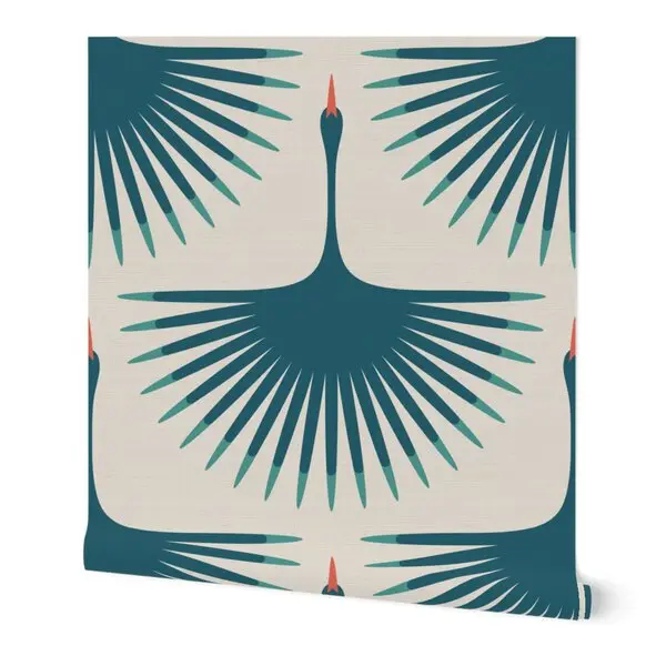 Spoonflower Swans Teal On Warm 100% Natural Sisal Grasscloth Wallcovering - Teal,blue