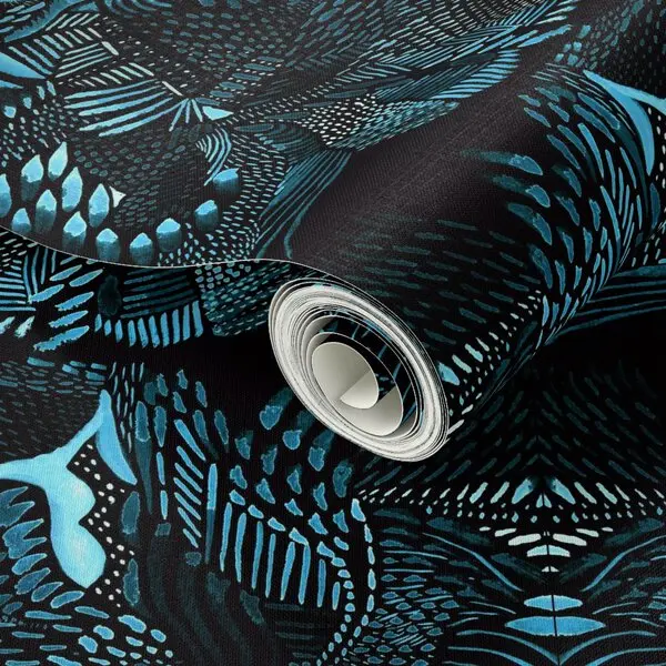 Spoonflower Watercolor Wave Mystical Custom Removable Wallpaper - Black,blue