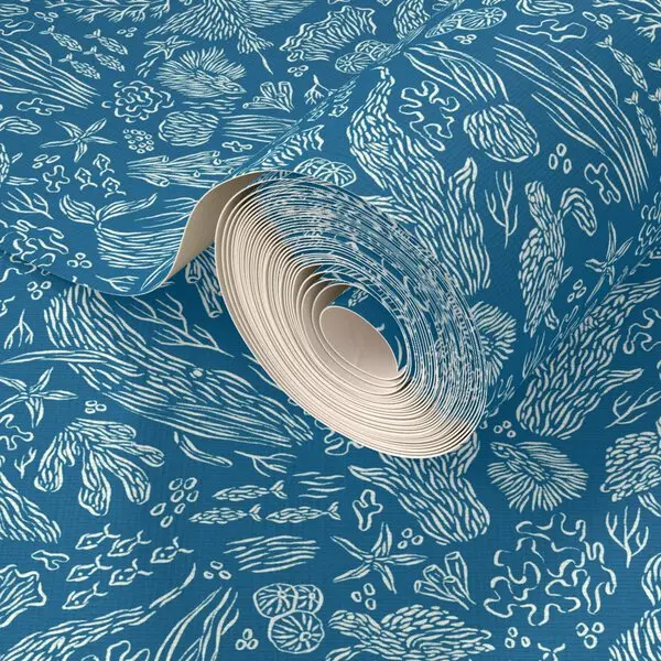 Spoonflower All Is Water Underwater Ocean 100% Natural Sisal Grasscloth Wallcovering - Blue,white