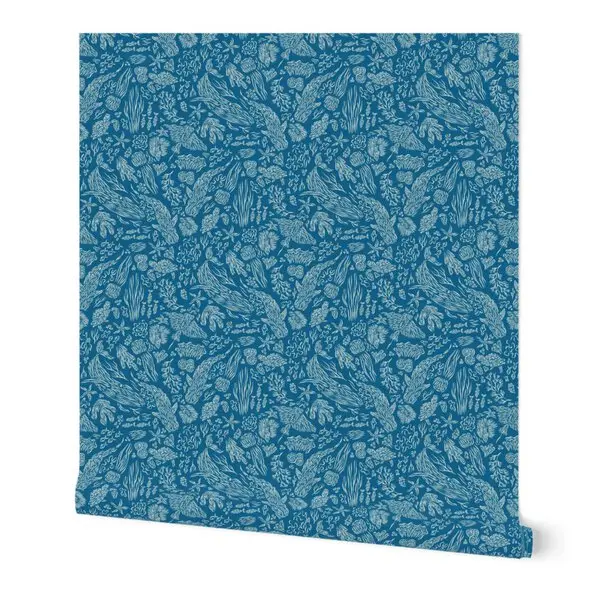 Spoonflower All Is Water Underwater Ocean 100% Natural Sisal Grasscloth Wallcovering - Blue,white