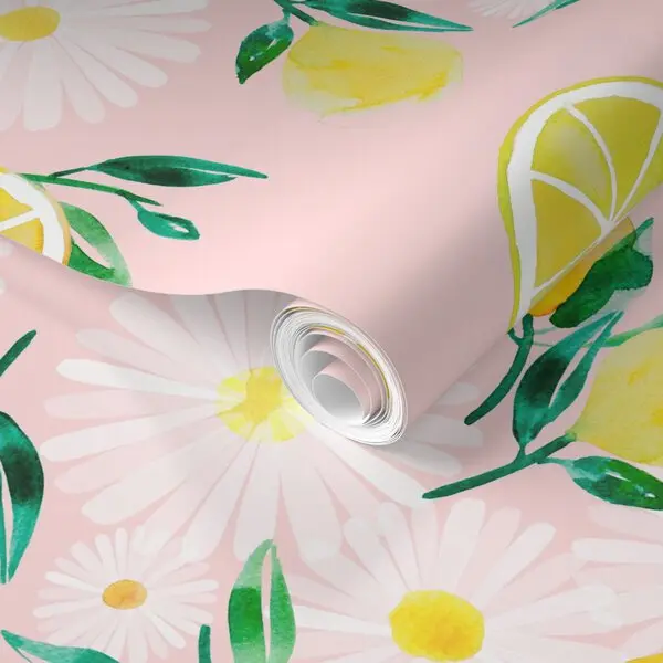 Spoonflower Watercolor Lemons Daisies Pink Lemon Lemonade Custom Removable Wallpaper - Pink,yellow,beige