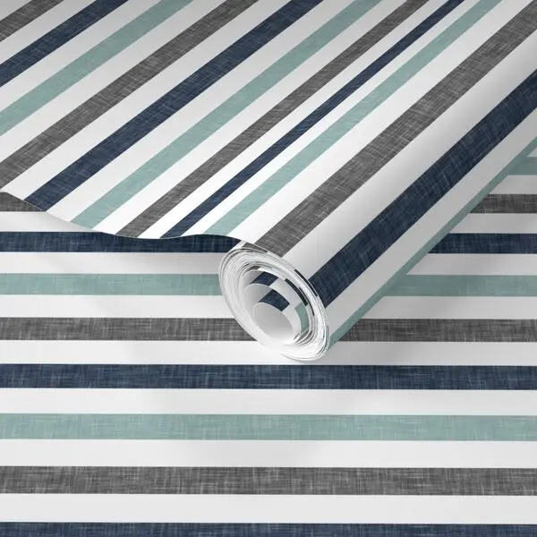 Spoonflower Stripes Navy Gray Dusty Blue Stripe Modern Custom Pre-pasted Wallpaper - Blue,gray