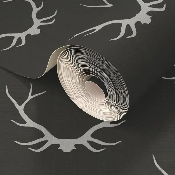 Spoonflower Antlers Black Gray Buck Deer Woodland Lodge Custom Pre-pasted Wallpaper - Black,gray,white
