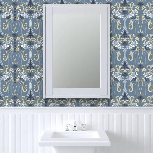 Spoonflower Art Deco Blue Grey Nouveau Modern Flowers Custom Removable Wallpaper