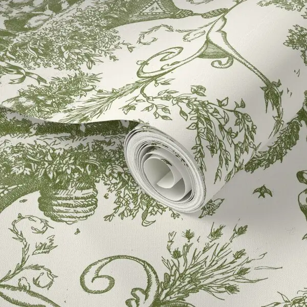 Spoonflower Toile Je Joyeux French Whimsical Animals Dogs Custom Removable Wallpaper - Green,sage