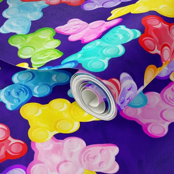 Spoonflower Gummy Bears Gummies Bear Candy Sweets Rainbow Custom Pre-pasted Wallpaper - Gray,pink,green