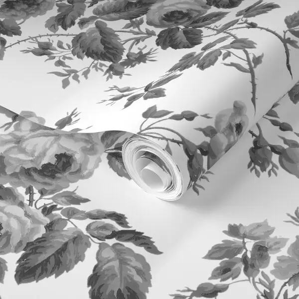 Spoonflower Black And White Flowers Floral Grey Antique Custom Pre-pasted Wallpaper - Black,white,gray