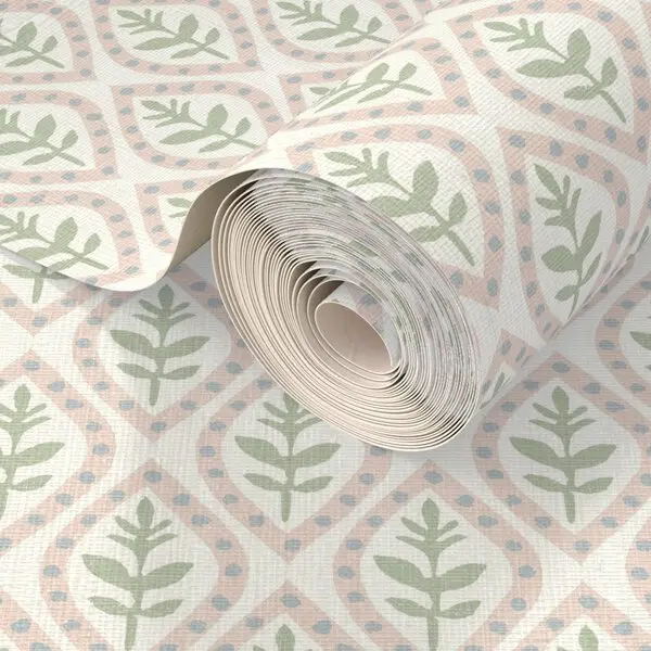 Spoonflower Molly's Quiet Blue Pink And 100% Natural Sisal Grasscloth Wallcovering - Green