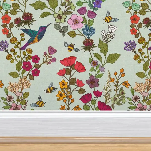 Spoonflower Hummingbirds And Bees Mint 100% Natural Sisal Grasscloth Wallcovering