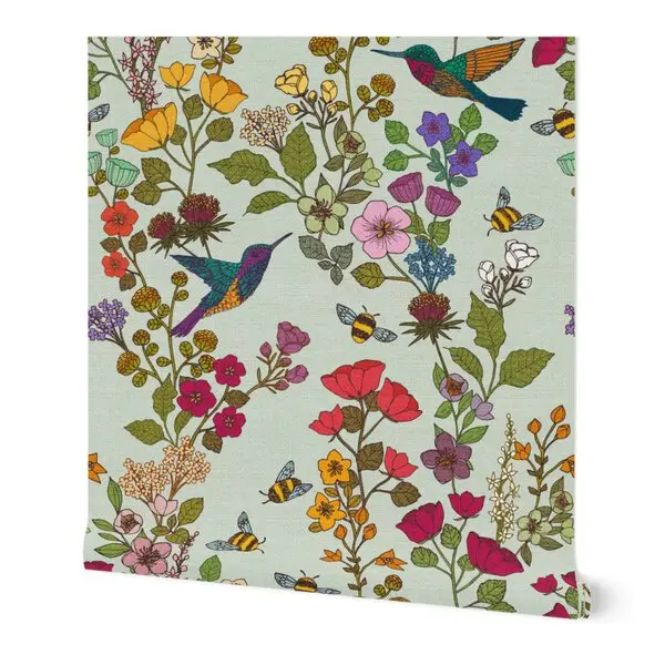 Spoonflower Hummingbirds And Bees Mint 100% Natural Sisal Grasscloth Wallcovering