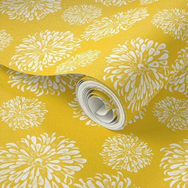 Spoonflower Zinnia Yellow Flowers And White Rs653 Custom Pre-pasted Wallpaper - Yellow,beige,green