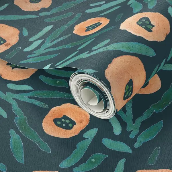 Spoonflower Flower Green Blue Teal Floral Orange Traditional Wallpaper - Teal,orange,green