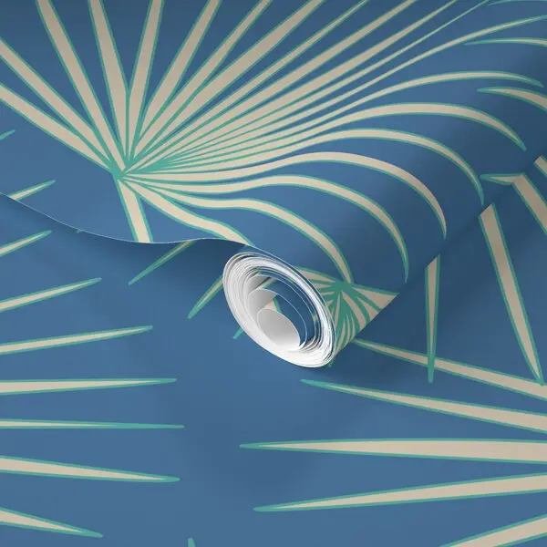 Spoonflower Blue Palms Palm Leaf Nature Succulent Tropical Custom Pre-pasted Wallpaper - Blue,white,teal
