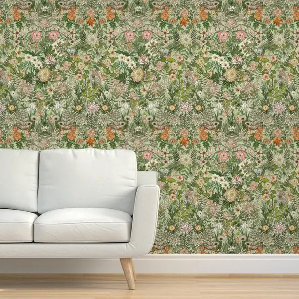 Spoonflower Sun Bleached Blooms Mint 100% Natural Sisal Grasscloth Wallcovering