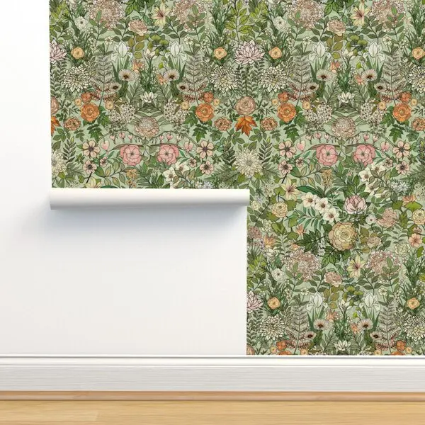 Spoonflower Sun Bleached Blooms Mint 100% Natural Sisal Grasscloth Wallcovering