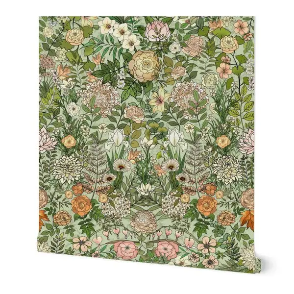 Spoonflower Sun Bleached Blooms Mint 100% Natural Sisal Grasscloth Wallcovering