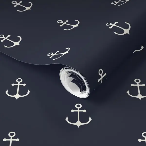 Spoonflower Anchor Navy Sea Sailor Nautical Ivory Blue Ocean Custom Pre-pasted Wallpaper - Blue,gray