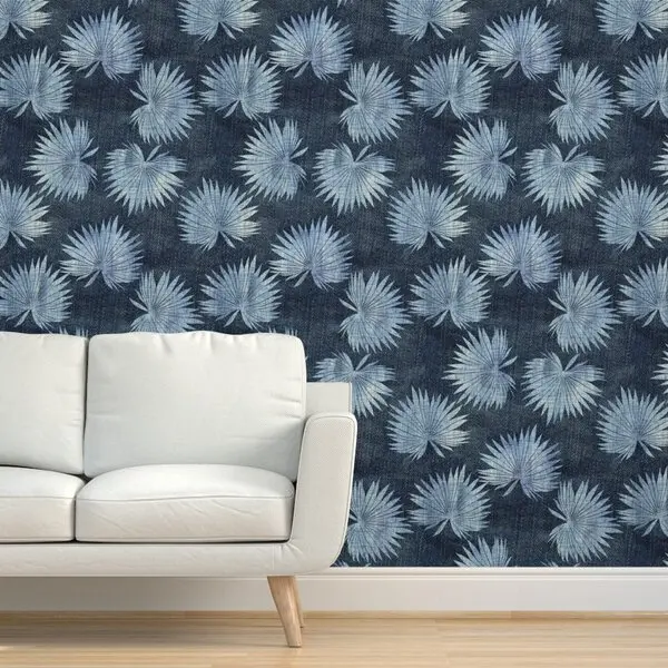 Spoonflower Sun Palm Leave Denim2 100% Natural Sisal Grasscloth Wallcovering