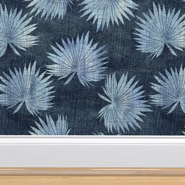Spoonflower Sun Palm Leave Denim2 100% Natural Sisal Grasscloth Wallcovering
