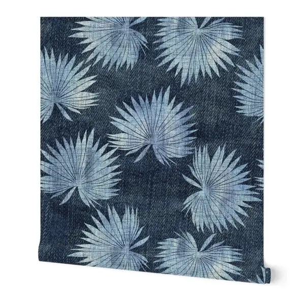Spoonflower Sun Palm Leave Denim2 100% Natural Sisal Grasscloth Wallcovering