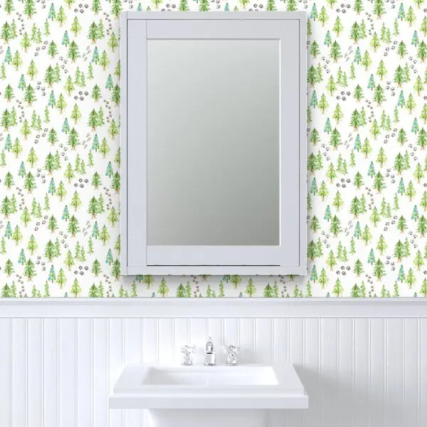 Spoonflower Nature Forest Trees Footprints Outdoors Camping Custom Pre-pasted Wallpaper - Green