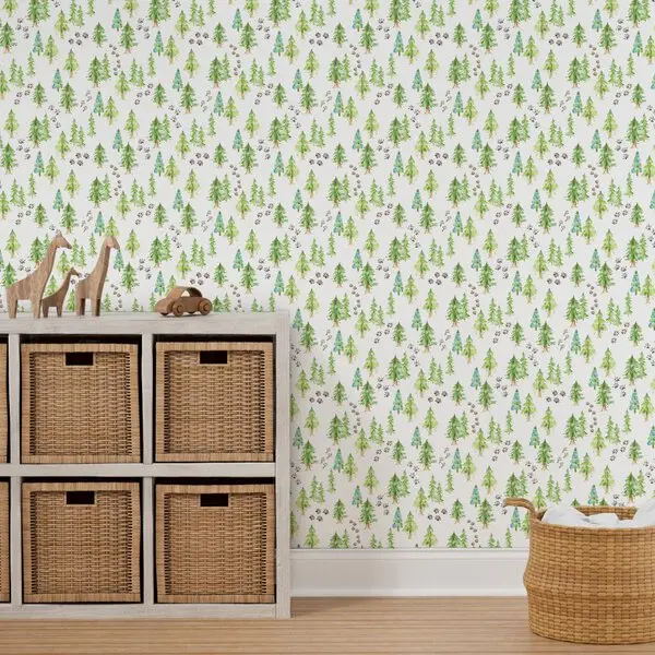 Spoonflower Nature Forest Trees Footprints Outdoors Camping Custom Pre-pasted Wallpaper - Green