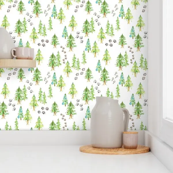 Spoonflower Nature Forest Trees Footprints Outdoors Camping Custom Pre-pasted Wallpaper - Green