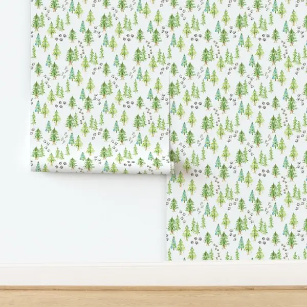 Spoonflower Nature Forest Trees Footprints Outdoors Camping Custom Pre-pasted Wallpaper - Green