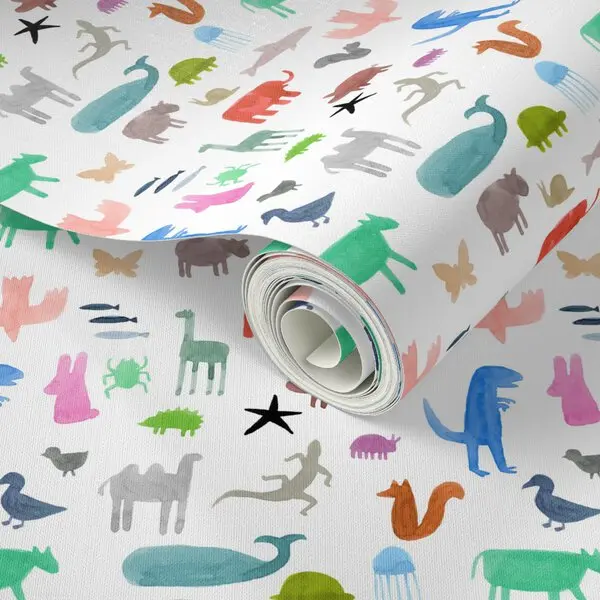 Spoonflower Animals Dinosaur Elephant Nature Wildlife Colorful Custom Removable Wallpaper - Gray,blue,red
