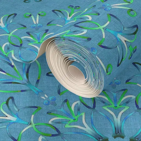Spoonflower Stylized Crocus Floral Kaleidoscope In Blue And 100% Natural Sisal Grasscloth Wallcovering - Green,blue