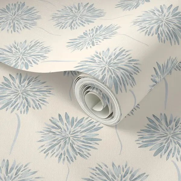 Spoonflower French Grey Dusty Blue Chrysanthemum Watercolor Custom Pre-pasted Wallpaper - Green,gray