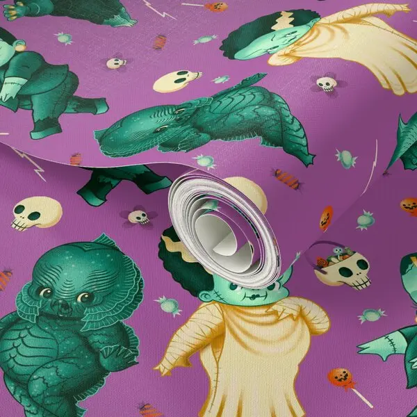 Spoonflower Ghoul Friends Girly Creature Halloween Pattern Custom Pre-pasted Wallpaper - Pink,green