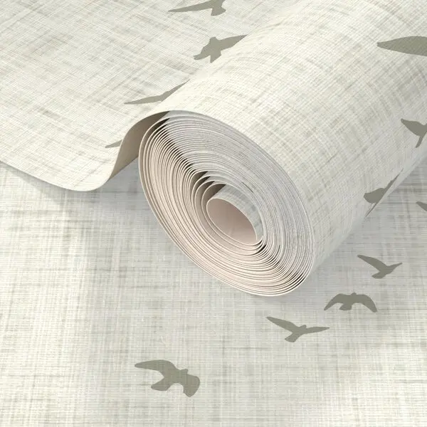 Spoonflower Flying Birds Beige 100% Natural Sisal Grasscloth Wallcovering - Gray,sage,green
