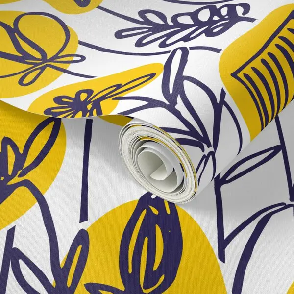 Spoonflower Yellow Floral Navy Leaf Pattern Watercolor Florals Custom Removable Wallpaper - Yellow,blue,gray