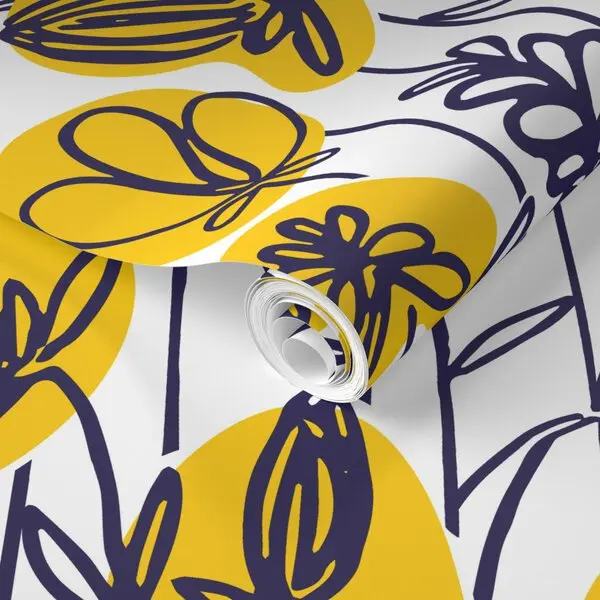 Spoonflower Yellow Floral Navy Leaf Pattern Watercolor Florals Custom Removable Wallpaper - Yellow,blue,gray