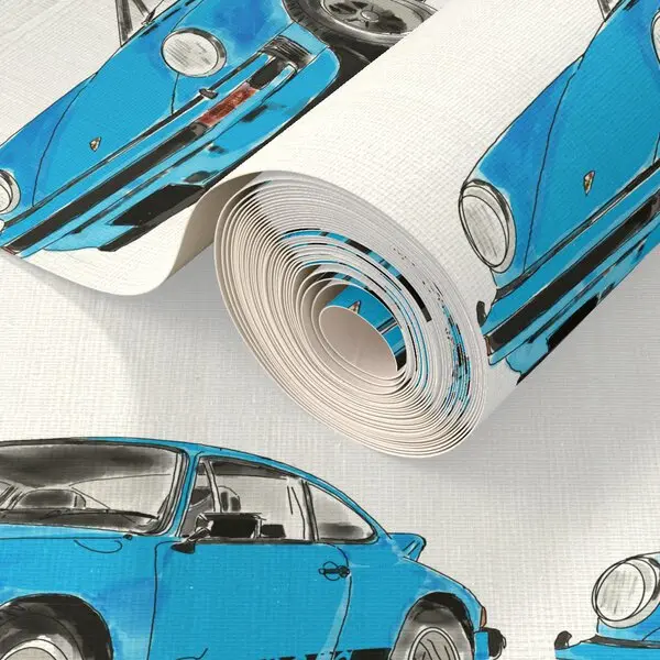Spoonflower Vintage Cars Anaconda 100% Natural Sisal Grasscloth Wallcovering - Blue