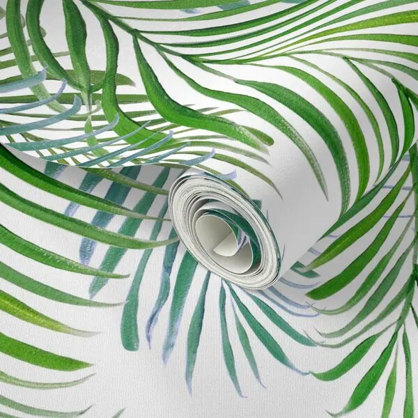 Spoonflower Watercolor Palm Fronds Modern Aloha Tropical Custom Pre-pasted Wallpaper - Green,white